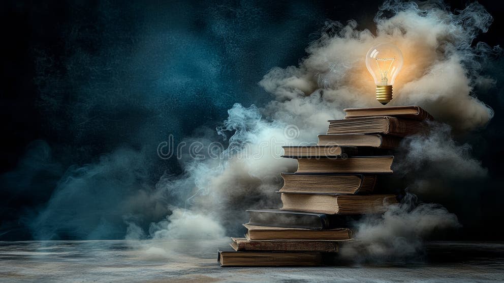 Exploring the Boundaries of Knowledge and Creativity through a Stack of Books Illuminated by a ...