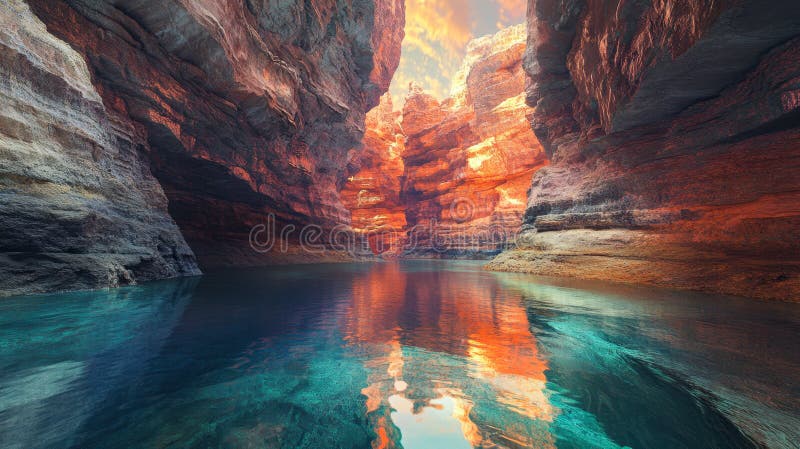 Exploring a Breathtaking Canyon Interior at Sunset with Glowing Water ...