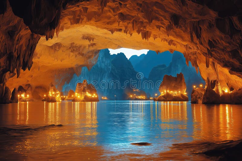 Exploring a Breathtaking Cave with Water Reflections and Illuminated ...