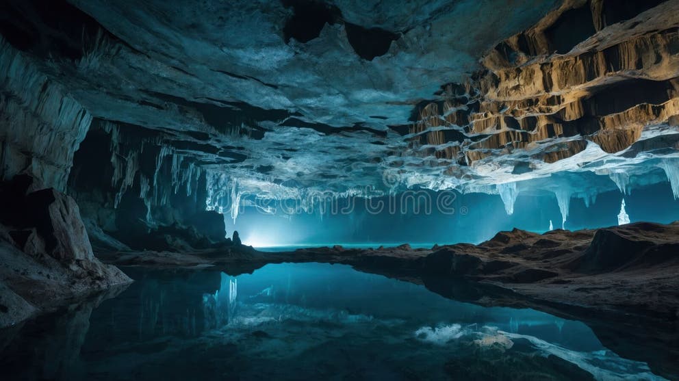 Mystical Underground Lake Reflecting Cave Formations Stock Illustration ...