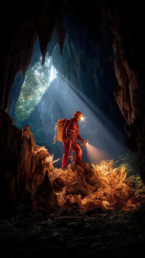 Exploring a Cavern: Person with a Helmet and Headlamp Venturing into a ...