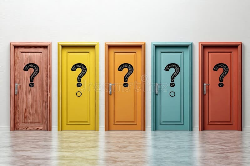 Exploring Choices Five Colorful Doors with Question Marks Symbolizing ...