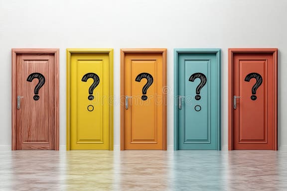 Exploring Choices Five Colorful Doors with Question Marks Symbolizing ...