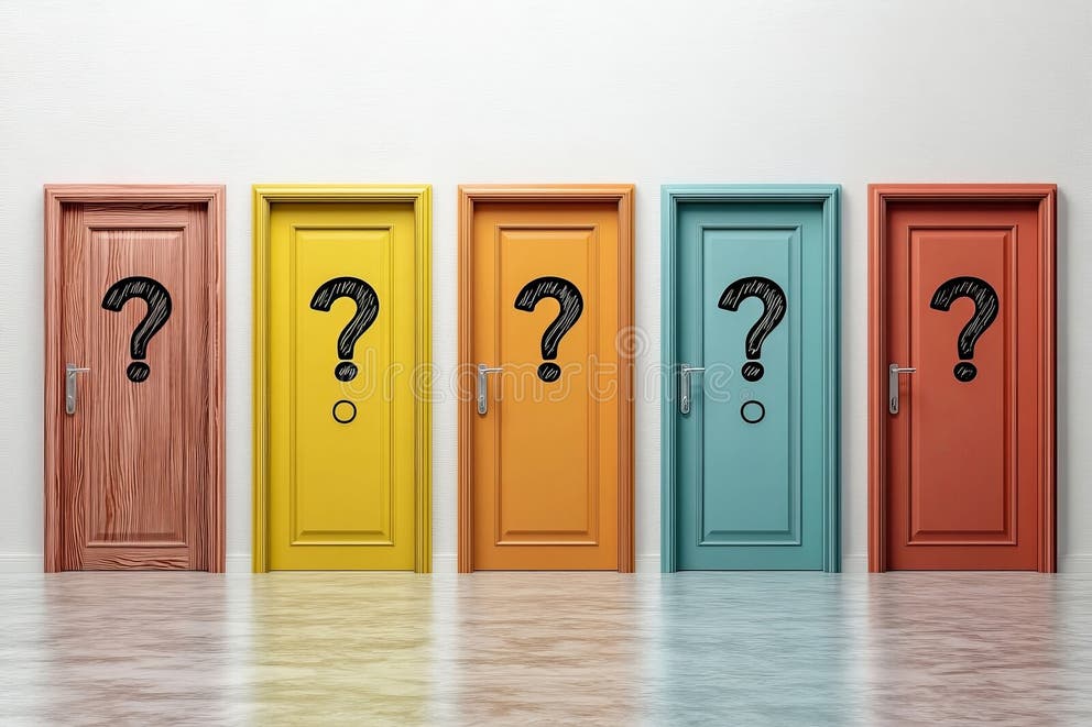 Exploring Choices Five Colorful Doors with Question Marks Symbolizing ...