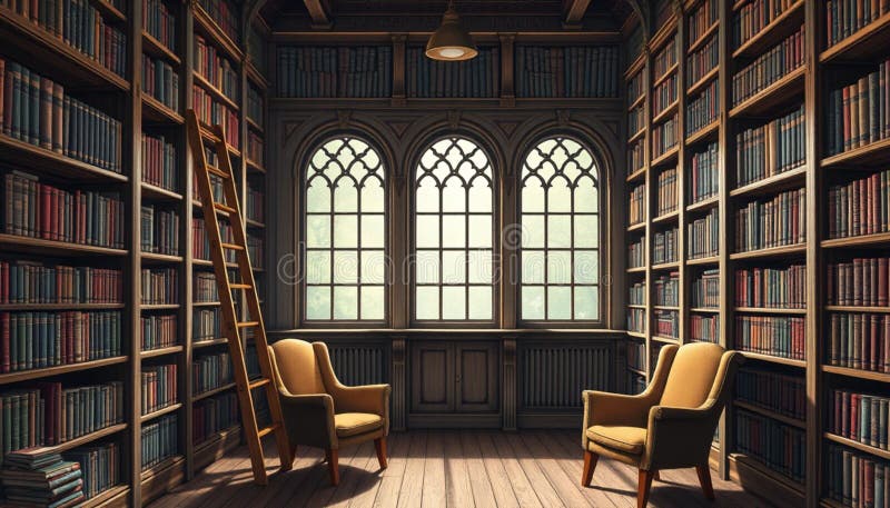 Exploring Classic Library Interior with Bookshelves, Chairs, and ...