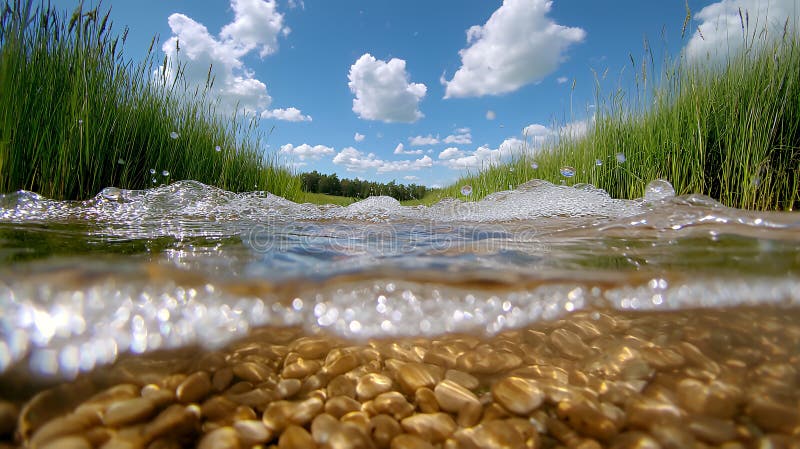 Exploring Clear Stream Water with Rocks and Sky View Stock Illustration ...