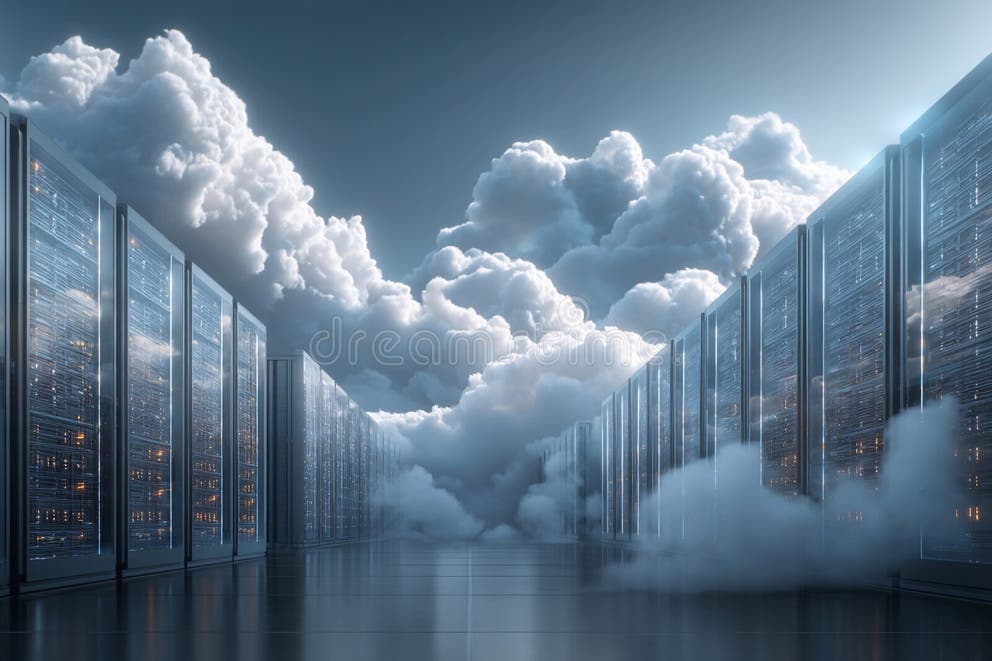 Exploring Cloud Technologies in a Futuristic Data Center Surrounded by Fluffy Clouds Generative ...