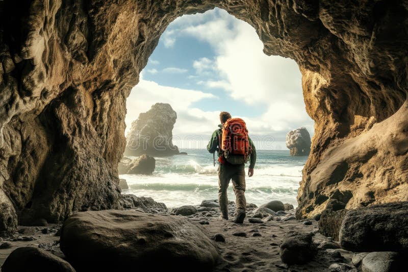 Exploring a Coastal Cave with a Backpack and Stunning Ocean View in the ...