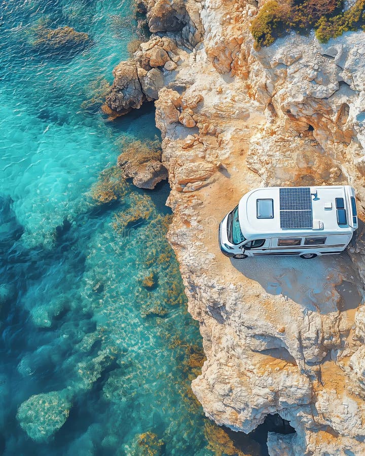 Exploring Coastal Cliffs with a Camper RV Featuring Solar Panels Stock ...