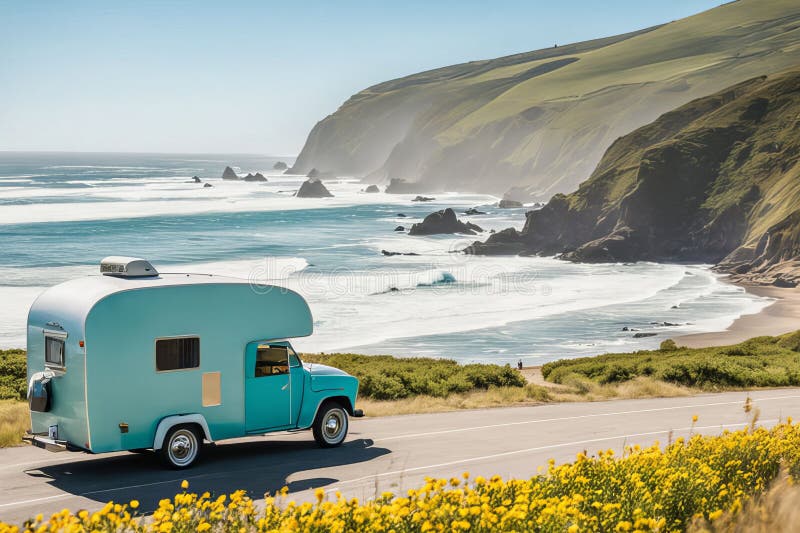 Exploring Coastal Wonders. Traveling by Motorhome at Seaside Stock ...