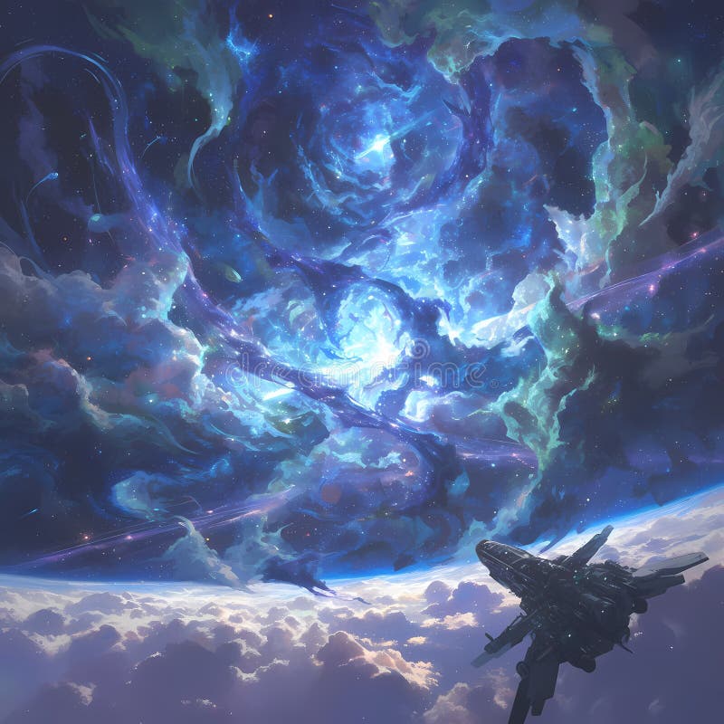 Exploring the Cosmos: Nebula, Spaceship, and Planet Stock Illustration ...