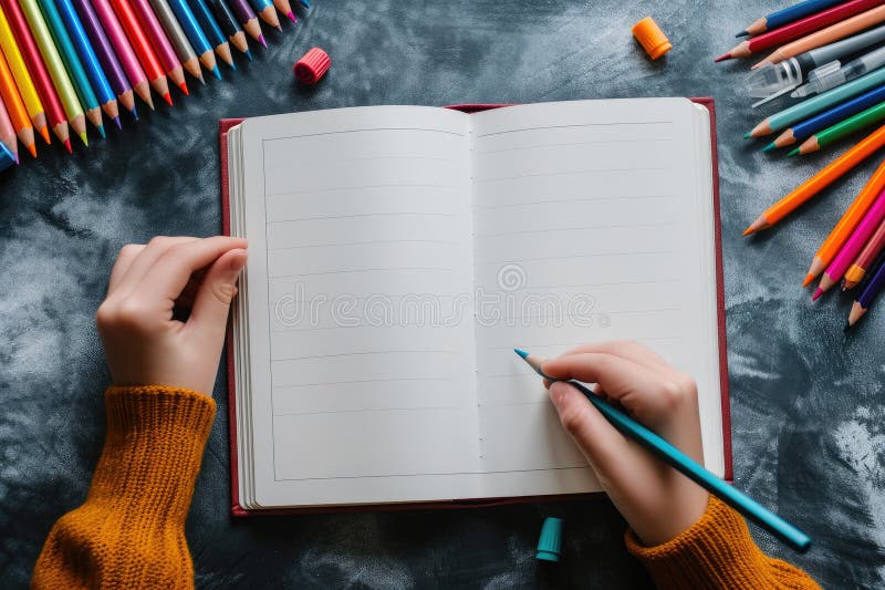 Exploring Creativity: Hands-on with Colored Pencils. Stock Illustration ...