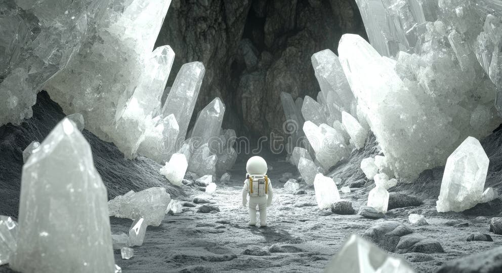 Exploring Crystal Cave Involves Robot Character Illuminating Rock ...