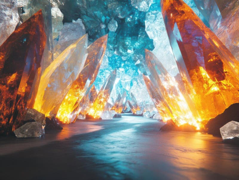 Exploring a Crystal Cave, Orange and Blue Glowing Crystals Stock Illustration - Illustration of ...