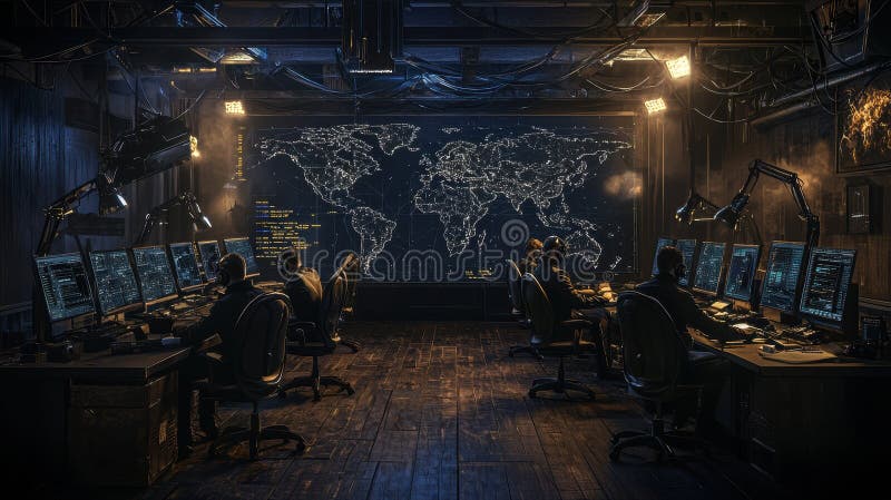 Exploring Cybersecurity Threats in a Dimly Lit Room with a World Map on ...