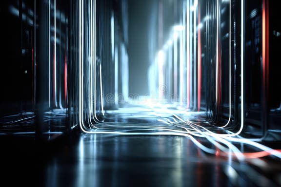 Exploring a Dark Abstract Server Room Illuminated by LED Stripes and ...