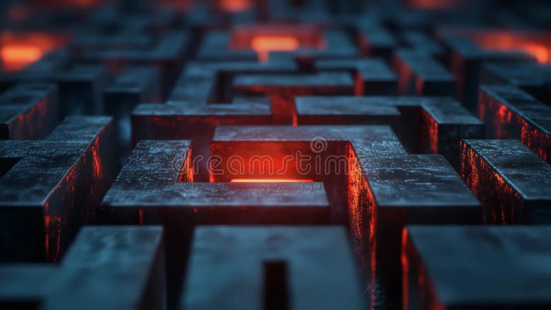 Exploring a Dark Labyrinth with Glowing Pathways at Night. Geometric ...
