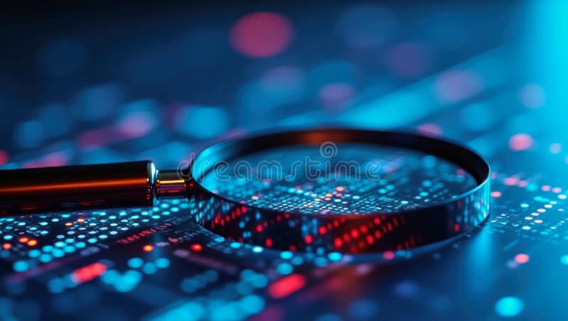 Exploring Data with a Magnifying Glass in a Futuristic Setting Stock ...