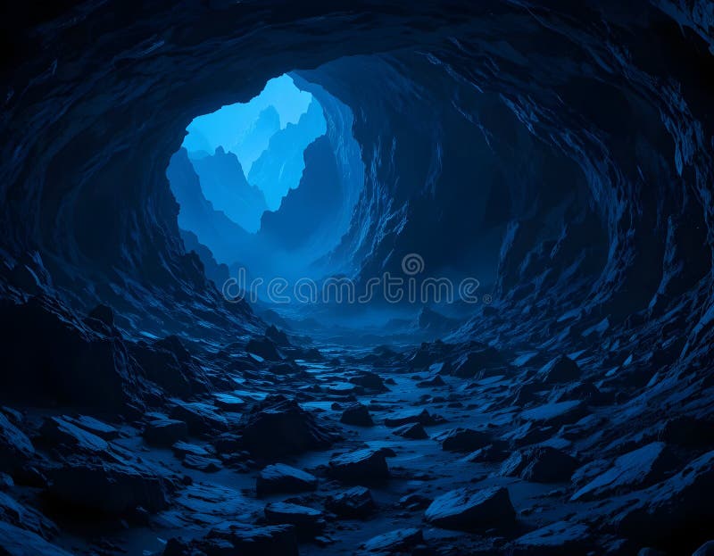 Exploring a Deep Blue Cave with Light at the Tunnel End Stock Photo ...