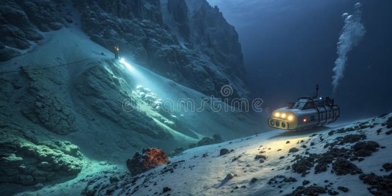 Exploring the Deep Ocean with a Submersible and Diver Under Dim Blue ...