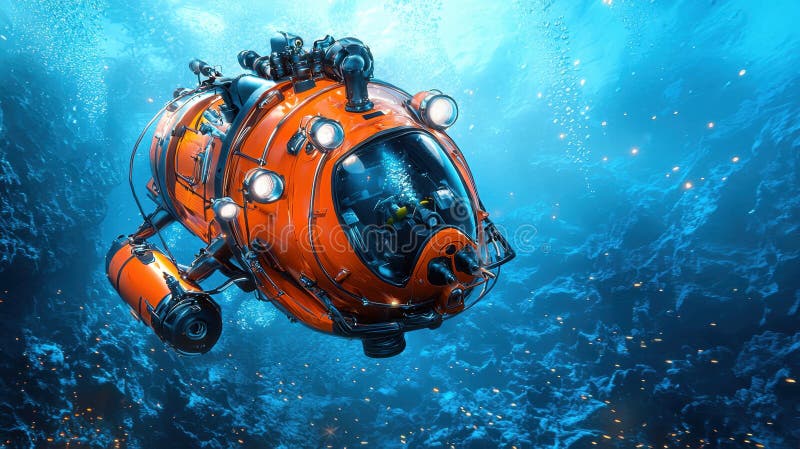 Exploring Deep Sea in Vibrant Orange Submersible, Surrounded by Marine ...