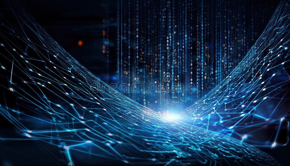 Exploring the Depths of Technology with Glowing Nodes and Binary Code Patterns in a Dark Space ...