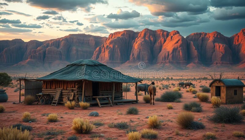 Exploring Desert Landscape with Small Cabins and Dramatic Mountain ...