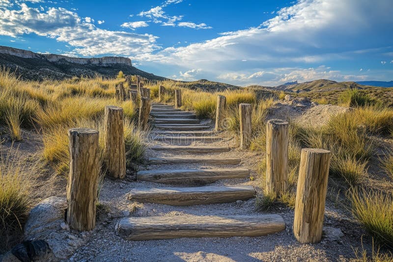 Exploring a Desert Landscape Wooden Posts Create a Pathway with Stairs ...