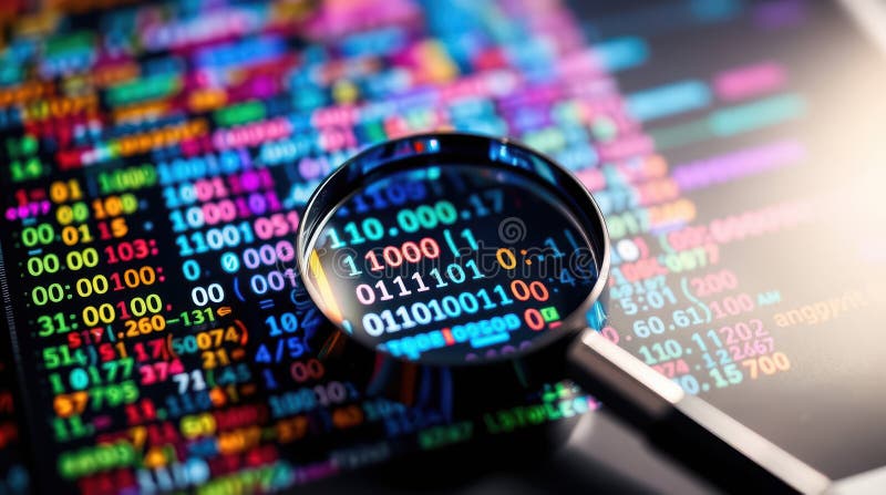 Exploring Digital Data with a Magnifying Glass Revealing Binary Code and Vibrant Patterns on a ...