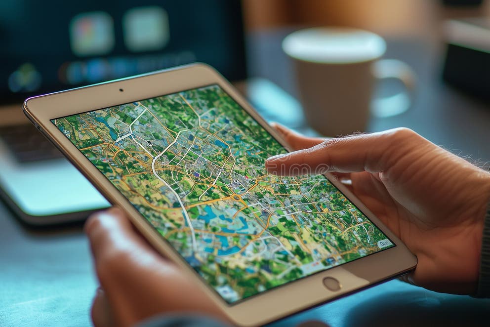 Exploring Digital Maps on Tablet Stock Illustration - Illustration of ...