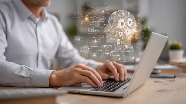 Exploring Digital Mind Concepts: a Man Engaged in Innovative Laptop Work with Brain ...