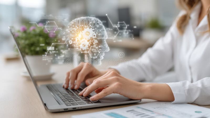 Exploring the Digital Mind: Woman Typing on Laptop with Brain Visuals ...