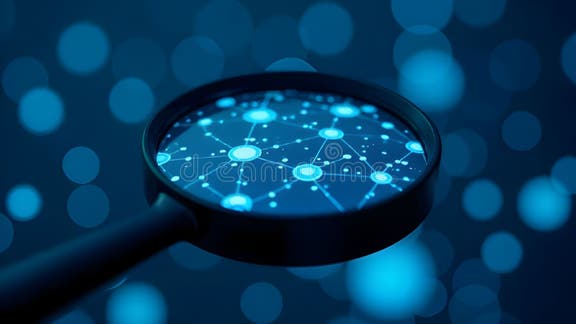 Exploring Digital Networks with a Magnifying Glass on a Blue Background ...