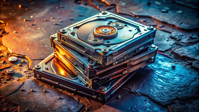 Exploring the Digital Past a Stack of Used Hard Drives in LowLight ...
