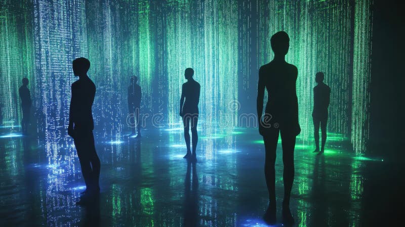 Exploring a Digital Realm with Silhouettes Amidst Flowing Matrix Code ...