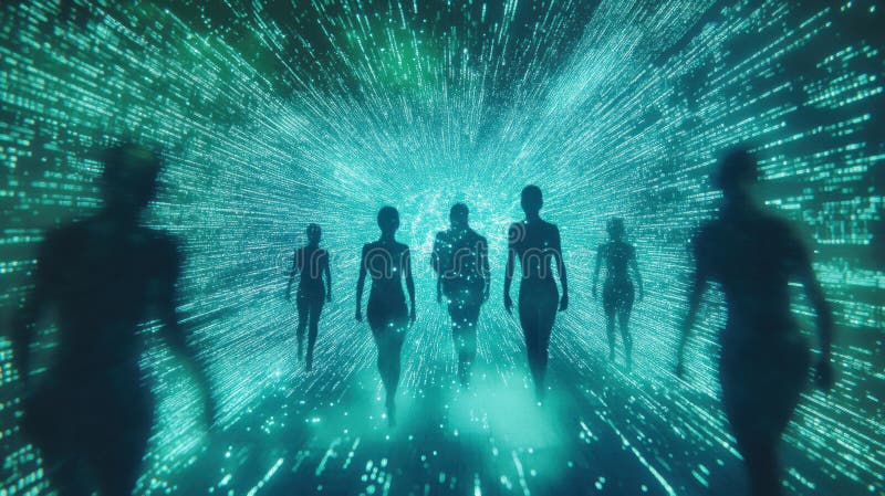 Exploring the Digital Universe with Human Figures Amid Flowing Matrix ...