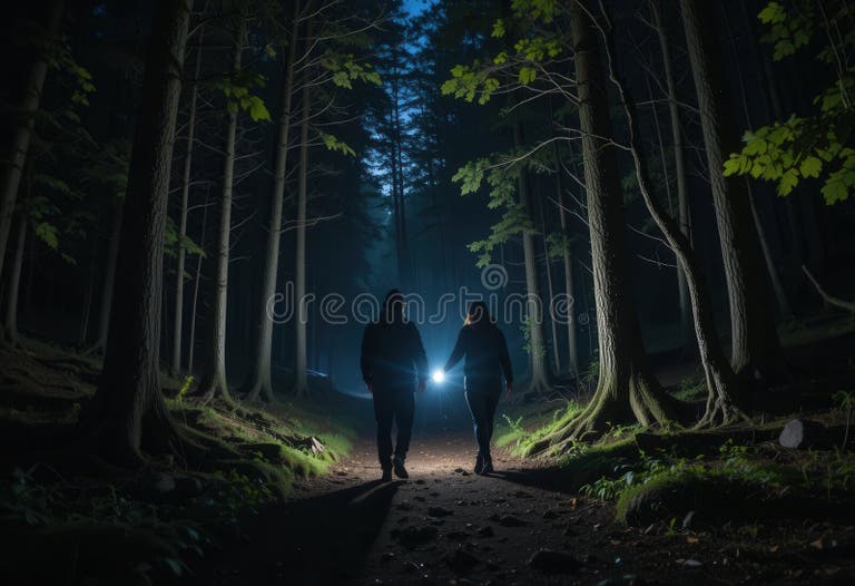 Exploring a Dimly Lit Forest Path at Night Stock Illustration ...