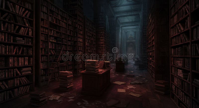 Exploring a Dimly Lit Old Library with Books and Scattered Papers Stock ...