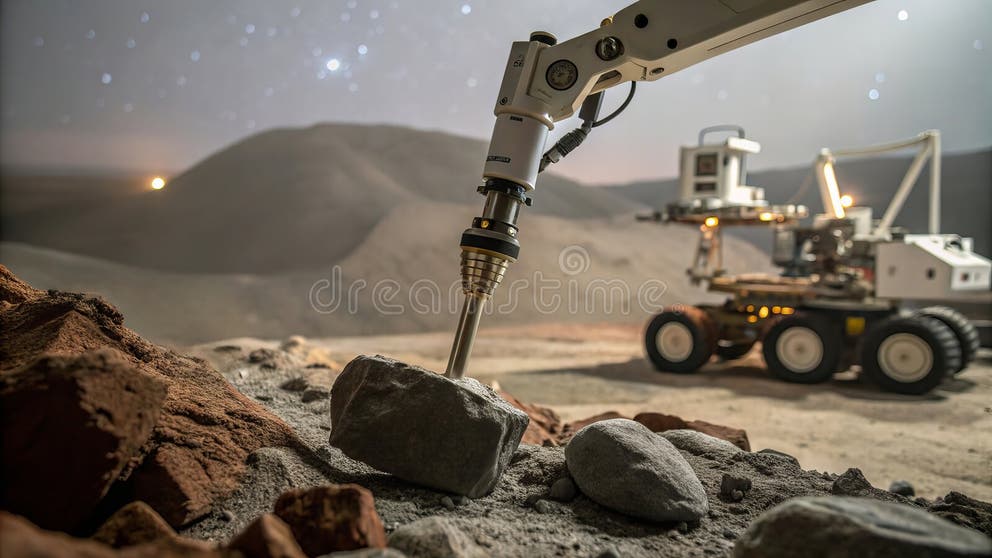 Exploring Distant Planet, Robotic Arm Examines Rocks Under Starry Sky ...