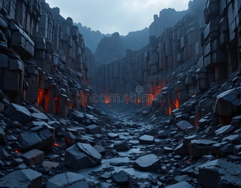 Exploring a Dramatic Basalt Column Canyon with Flowing Water Stock ...