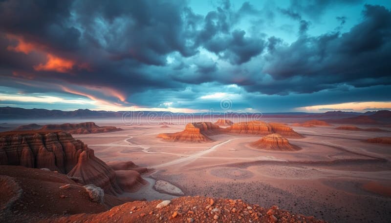 Exploring Dramatic Desert Landscape with Stormy Sky and Winding Roads ...