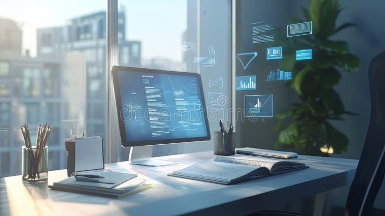 Exploring the E Learning Future: a Computer on a Desk Surrounded by Nature and Technology Stock ...