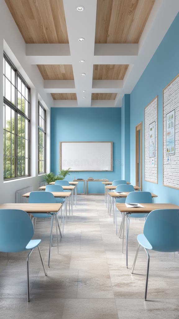 Exploring EdTech Synergy in a Modern Classroom Environment with Blue Chairs and Whiteboard Stock ...