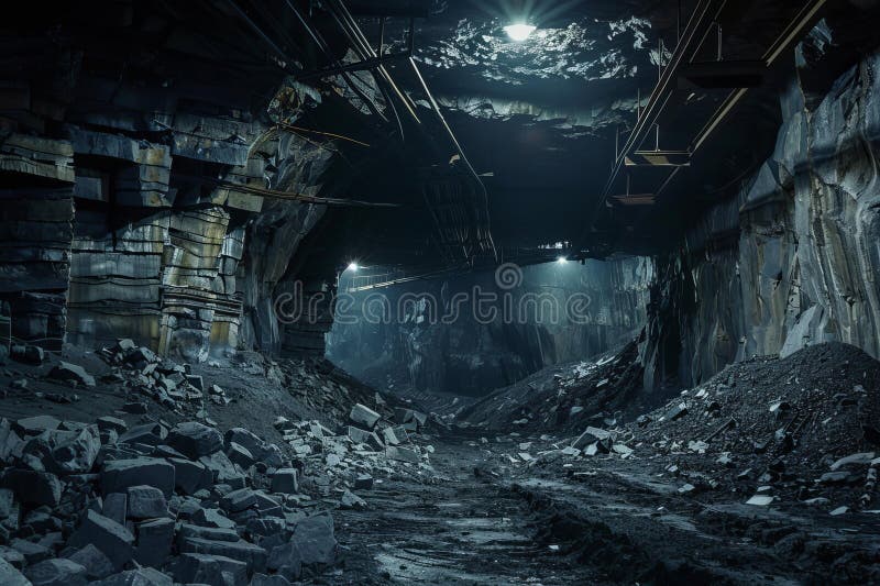 Dark and Eerie Abandoned Mine Shaft with Scattered Rocks and Collapsed ...