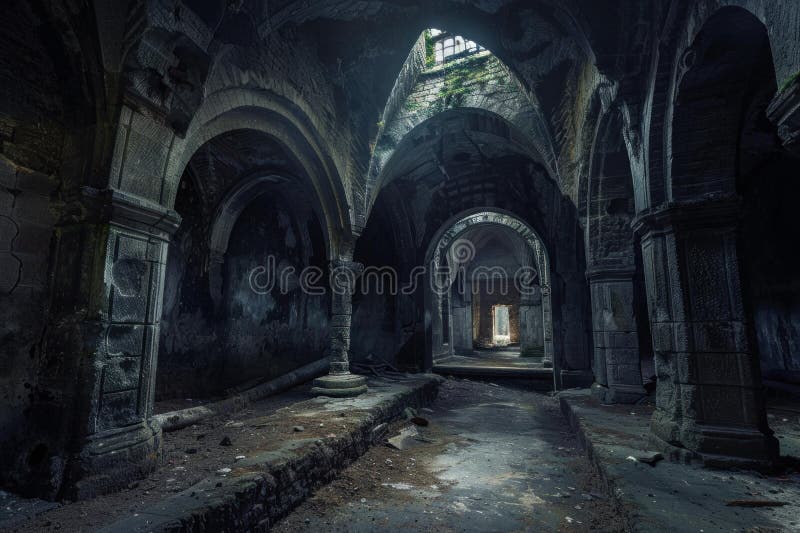 Haunting View of a Dilapidated Church Interior with Arches and ... Haunting View of a Dilapidated Church Interior with Arches and ...