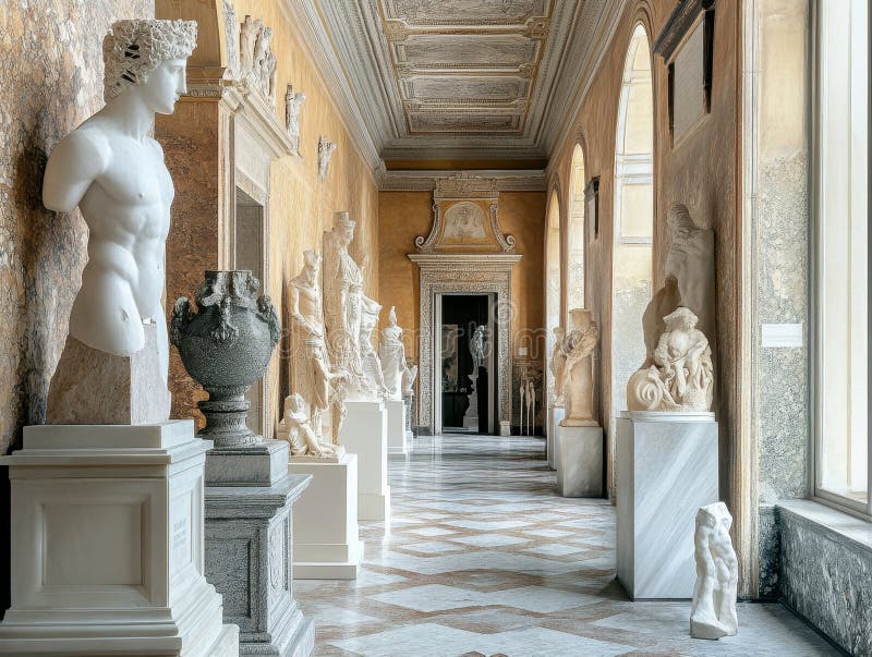 Exploring an Elegant Corridor Filled with Classical Sculptures in a ...