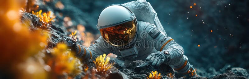 Exploring an Exoplanet: Astronaut in Space Suit Collecting Samples on Alien Landscape with ...