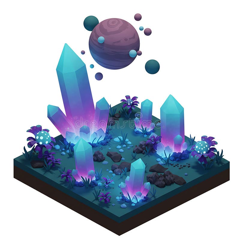 Exploring Fantasy Isometric Landscape with Crystals and Floating Planet ...
