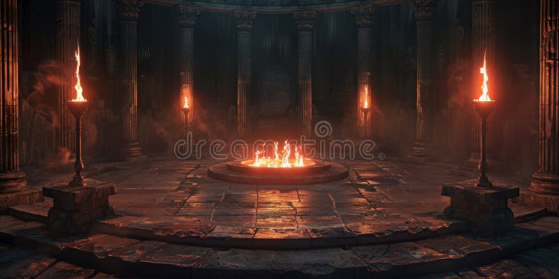 Exploring a Fascinating Ancient Temple Hall Filled with Glowing Torches ...