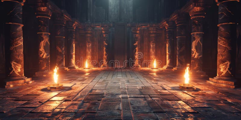 Exploring a Fascinating Ancient Temple Hall Filled with Glowing Torches ...